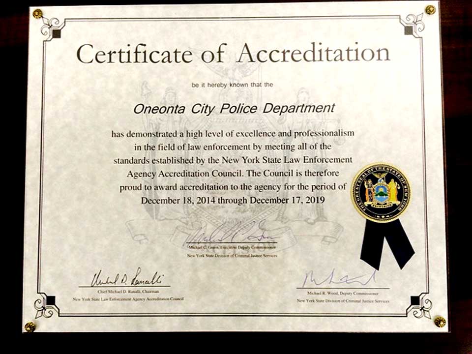 Oneonta Police Department Presented With Certificate Of State ...